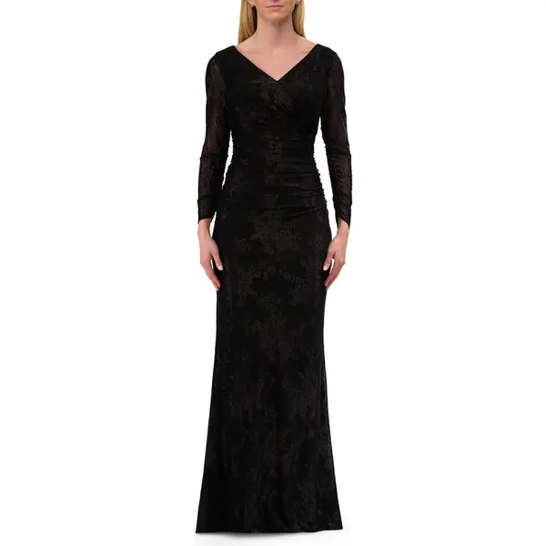 LABOMME Chic Stretch Lace Evening Dress With Ruching And V Neckline - Black