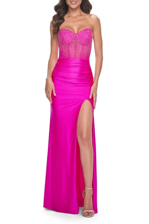 LABOMME Neon Rhinestone Bustier Prom Dress With Ruching - Hot Fuchsia