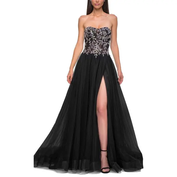 LABOMME A-line Tulle Prom Dress With Stunning Floral Beaded Design - Black
