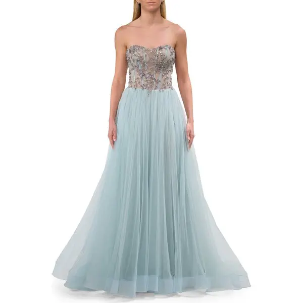 LABOMME A-line Tulle Prom Dress With Stunning Floral Beaded Design - Dusty Blue