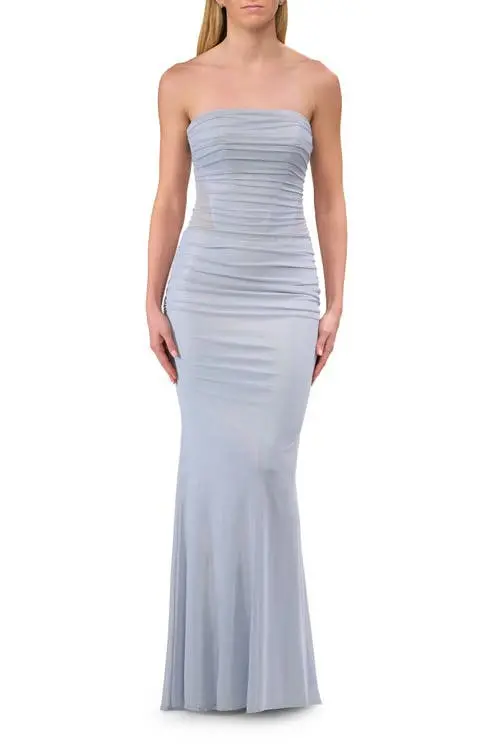La Femme Metallic Strapless Ruched Dress - Light Blue