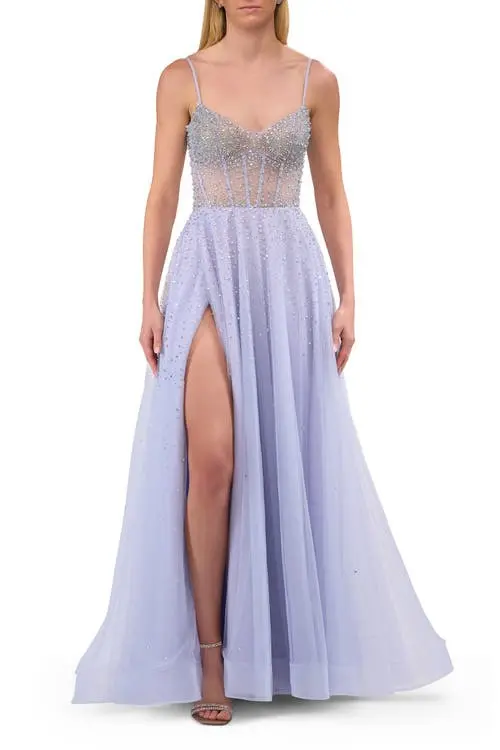 LABOMME Rhinestone A-line Tulle Prom Dress With Illusion Bodice - Light Periwinkle