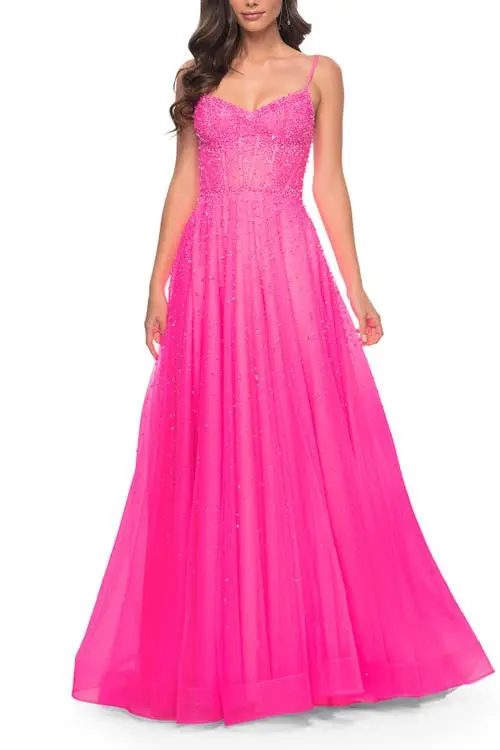 LABOMME Rhinestone A-line Tulle Prom Dress With Illusion Bodice - Neon Pink