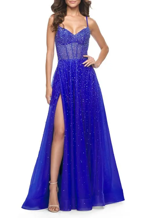 LABOMME Rhinestone A-line Tulle Prom Dress With Illusion Bodice - Royal Blue