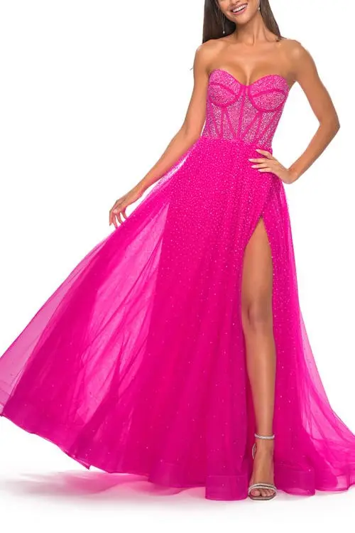 LABOMME Rhinestone Embellished A-line Tulle Gown With Corset Top - Hot Fuchsia