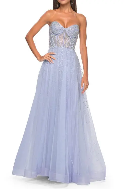 LABOMME Rhinestone Embellished A-line Tulle Gown With Corset Top - Light Periwinkle