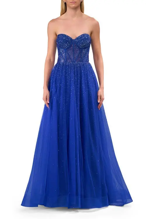 LABOMME Rhinestone Embellished A-line Tulle Gown With Corset Top - Royal Blue