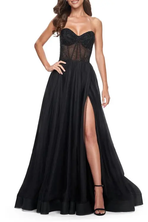 LABOMME A-line Tulle Prom Dress With Rhinestone Fishnet Bodice - Black