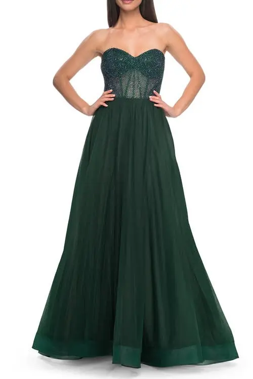 LABOMME A-line Tulle Prom Dress With Rhinestone Fishnet Bodice - Dark Emerald