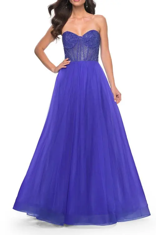 LABOMME A-line Tulle Prom Dress With Rhinestone Fishnet Bodice - Royal Blue
