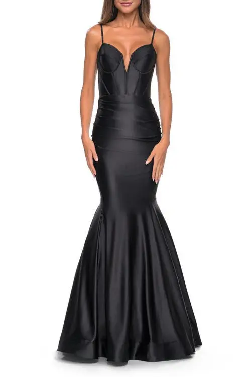 LABOMME Satin Mermaid Prom Gown With Corset Top - Black