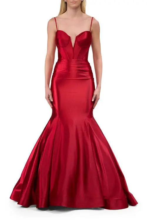 LABOMME Satin Mermaid Prom Gown With Corset Top - Red