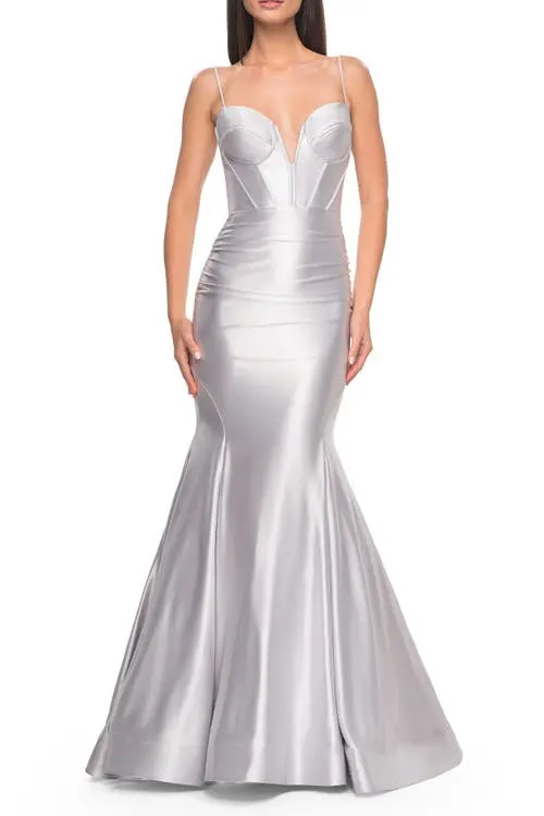 LABOMME Satin Mermaid Prom Gown With Corset Top - Silver
