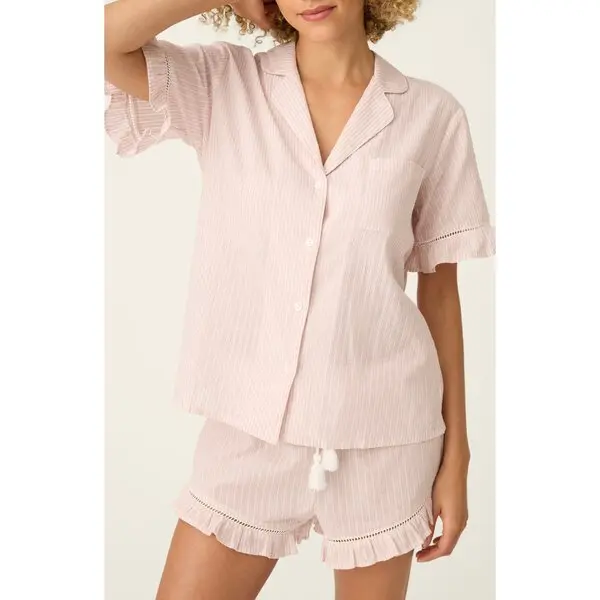 PJ Salvage Cotton Button-up Pajama Shirt With Ruffle Trim - Silver Rose