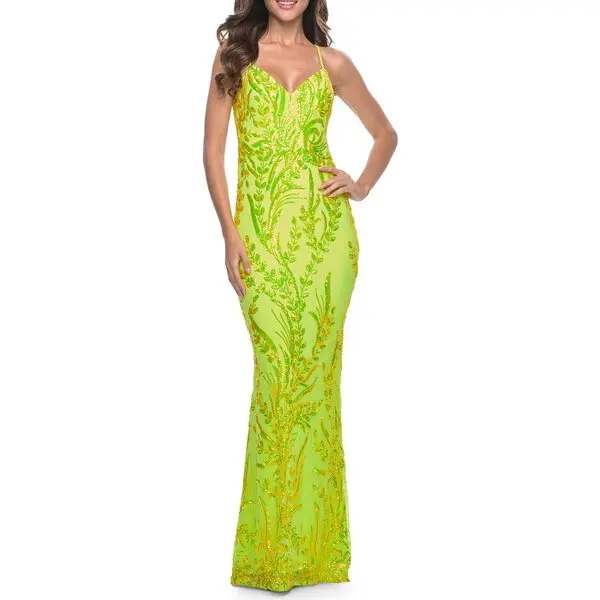 LABOMME Neon Fitted Print Sequin Pastel Prom Dress - Bright Green