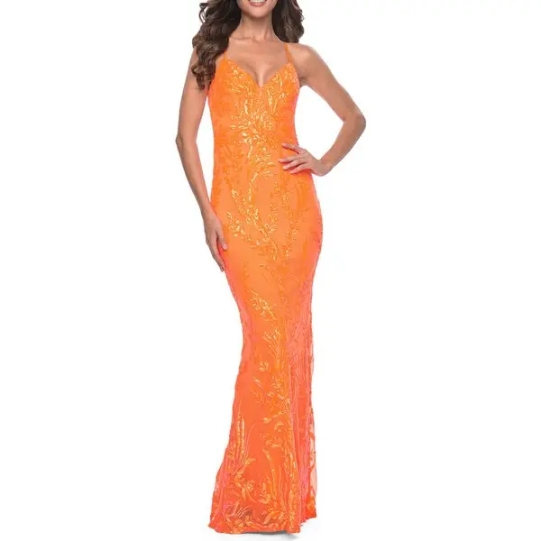 LABOMME Neon Fitted Print Sequin Pastel Prom Dress - Orange