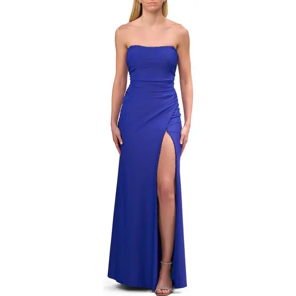 LABOMME Strapless Evening Dress With Beading Detail On Slit And Neckline - Royal Blue