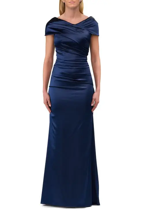 LABOMME Off The Shoulder Stretch Satin Ruched Evening Gown - Navy