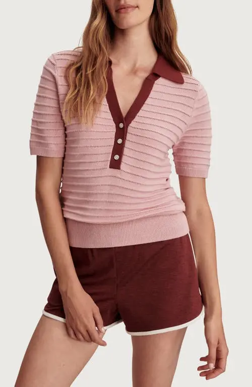 Varley Wren Stripe Cotton Blend Pointelle Polo Sweater - Zephyr Mauve/port