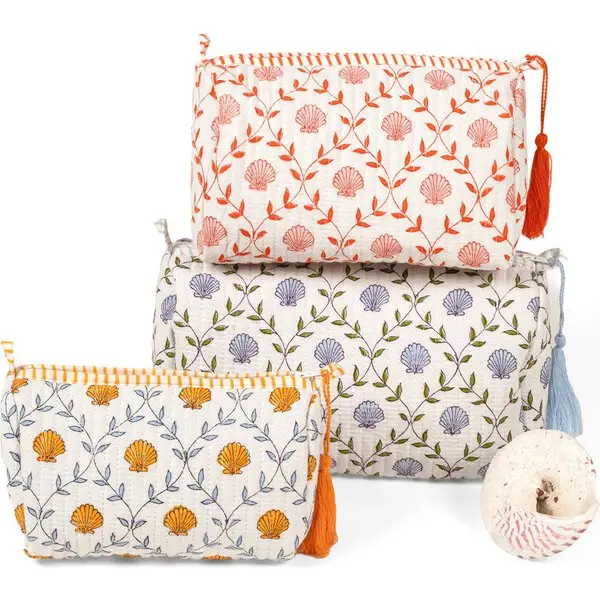 INNER CHILD Seashell Blockprint Makeup Bag Set Of 3 - Seashell Blue