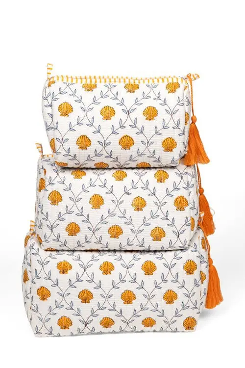 INNER CHILD Seashell Blockprint Makeup Bag Set Of 3 - Seashell Blue
