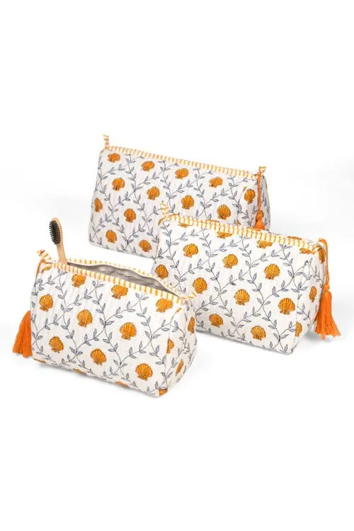 INNER CHILD Seashell Blockprint Makeup Bag Set Of 3 - Seashell Blue