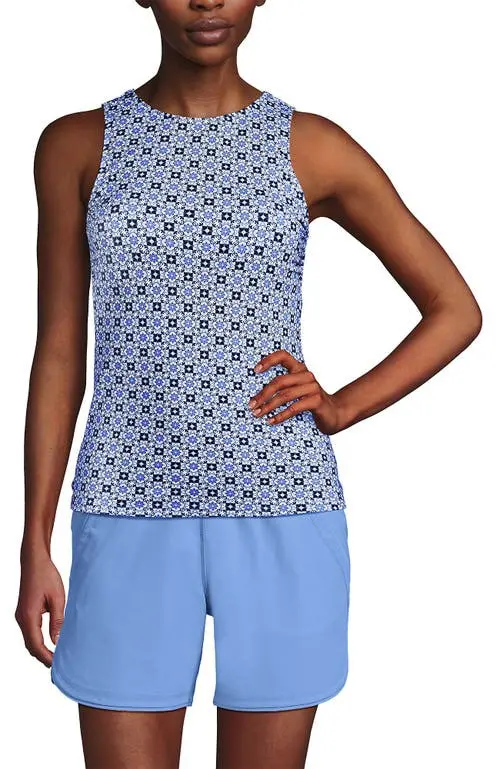 LANDS' END High Neck Upf 50 Sun Protection Tankini Swimsuit Top - Lake Blue Geo Floral