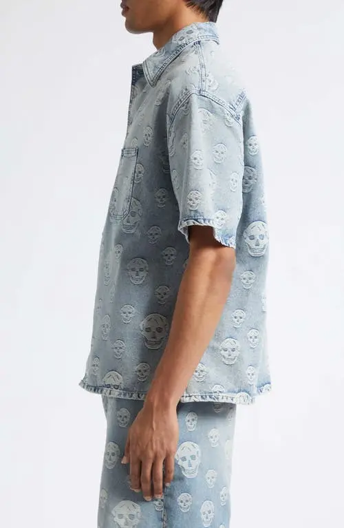 Alexander McQueen Skull Print Short Sleeve Denim Button-up Shirt - Sapphire