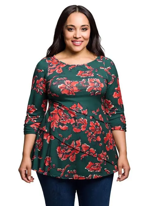 24SEVEN COMFORT APPAREL Curvy Essential Three Quarter Sleeve Tunic Top - Orange Multi