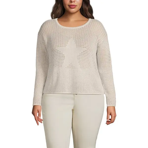 LANDS' END Cotton Viscose Mesh Jacquard Crew Neck Sweater - Oatmeal Snow Heather