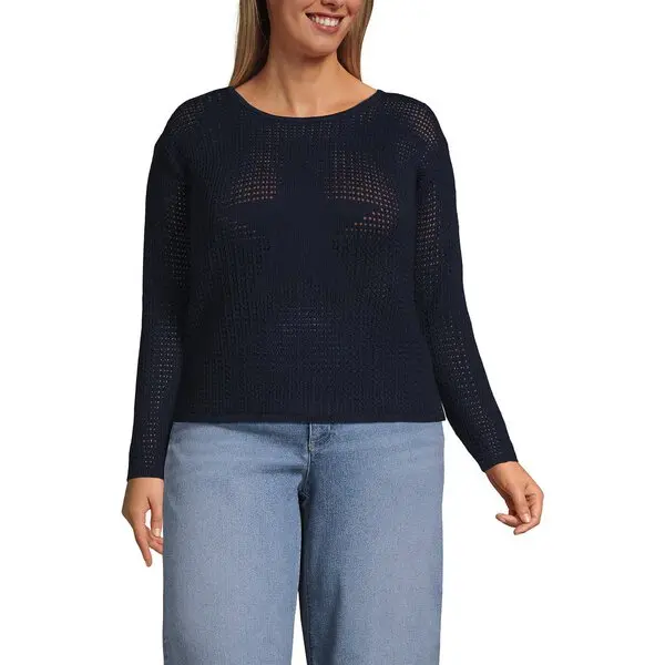 LANDS' END Cotton Viscose Mesh Jacquard Crew Neck Sweater - Radiant Navy