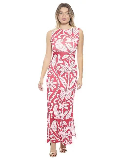 24SEVEN COMFORT APPAREL Essential Paisley Sleeveless Side Slit Bodycon A-line Maxi Dress - Red Multi