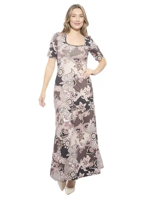 24SEVEN COMFORT APPAREL Essential Scoop Neck Elbow Sleeve A-line Maxi Dress - Brown Multi