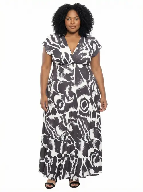 24SEVEN COMFORT APPAREL Curvy Essential Abstract V-neck Empire Waist Cap Sleeve Maxi Dress - Black Multi