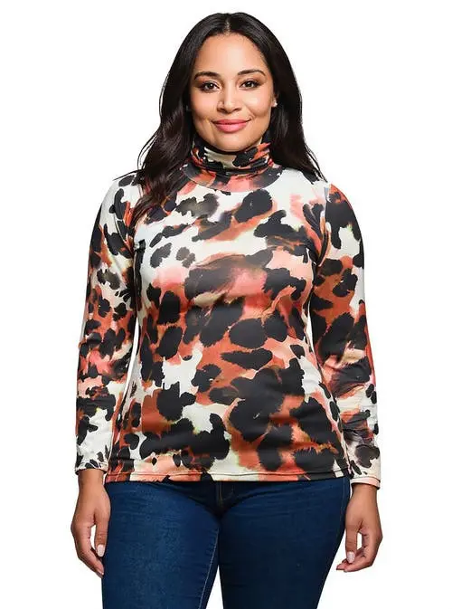 24SEVEN COMFORT APPAREL Curvy Essential Long Sleeve Turtleneck Top - Brown Multi