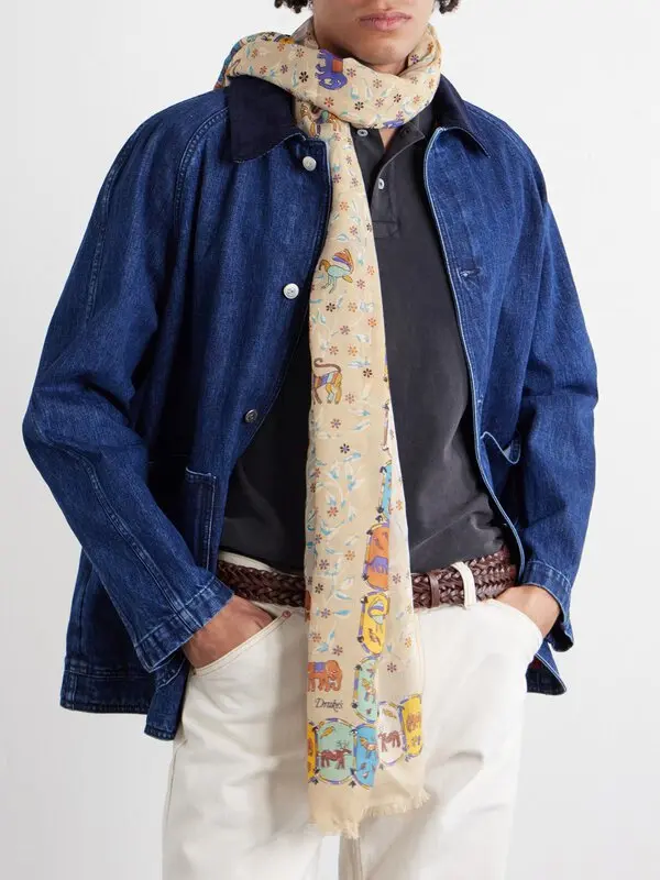 DRAKE'S Frayed Printed Wool And Silk-blend Scarf - Neutrals