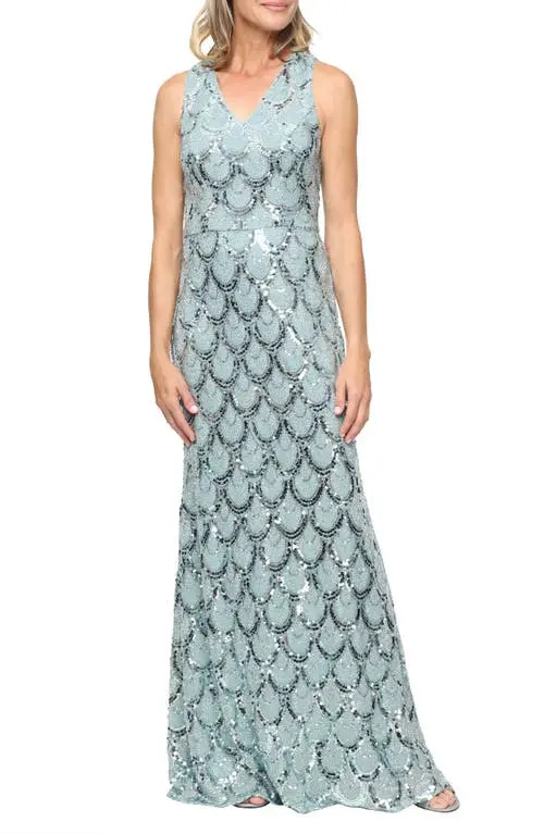 Alex Evenings Sequin & Bead Scallop Gown - Sea