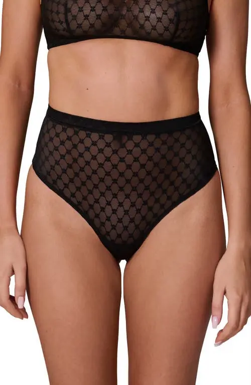 Simone Perele Plume Embroidered High Waist Shaping Thong - Black