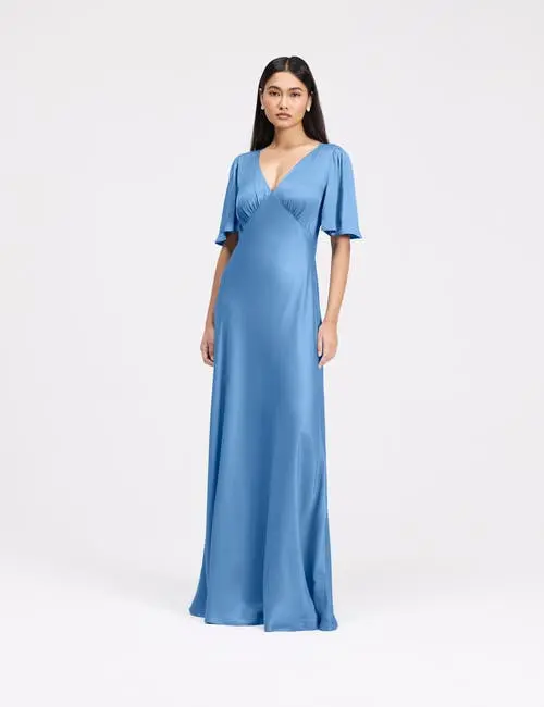 GHOST LONDON Arabella Angel Sleeve Satin Maxi Dress - Chambray Blue