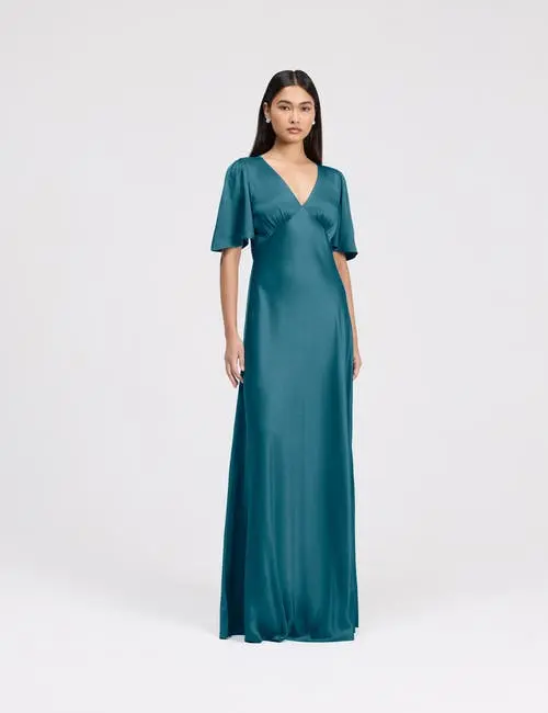 GHOST LONDON Arabella Angel Sleeve Satin Maxi Dress - Emerald