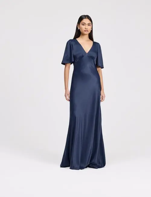 GHOST LONDON Arabella Angel Sleeve Satin Maxi Dress - Navy