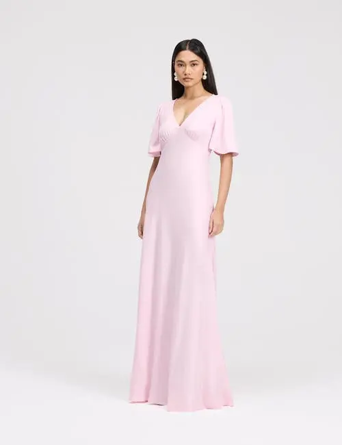 GHOST LONDON Arabella Angel Sleeve Satin Maxi Dress - Pale Pink