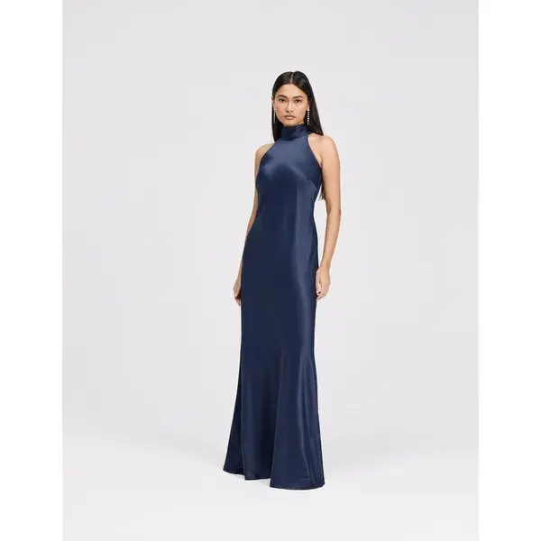 GHOST LONDON Angelica High Neck Satin Maxi Dress - Navy