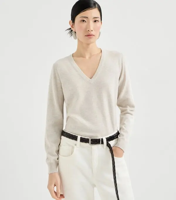 Brunello Cucinelli Cashmere Monili-detail V-neck Sweater - Beige