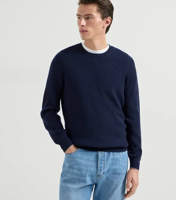 Brunello Cucinelli Cashmere Ribbed Crewneck Sweater - Blue