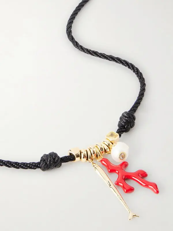MARTHA CALVO Gold-plated, Pearl, And Silk Charm Necklace - Black