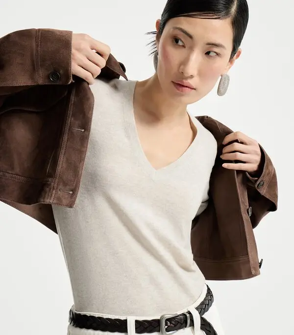 Brunello Cucinelli Cashmere Monili-detail V-neck Sweater - Beige