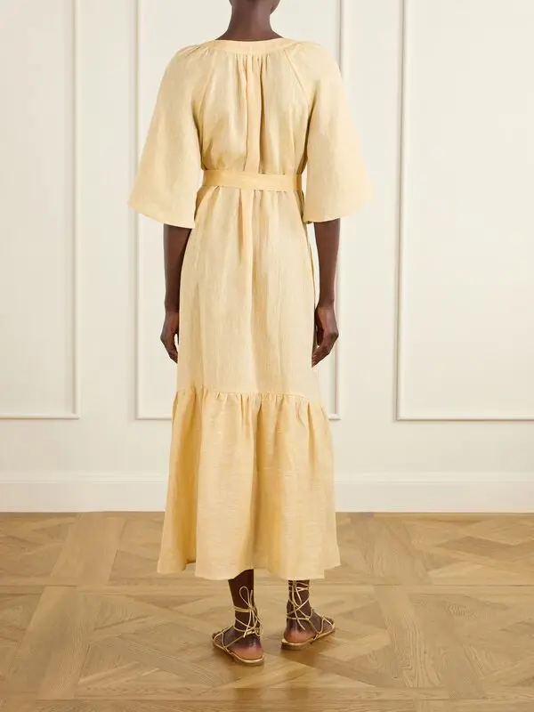 ERES Audacieuse Belted Tiered Linen Midi Dress - Yellow