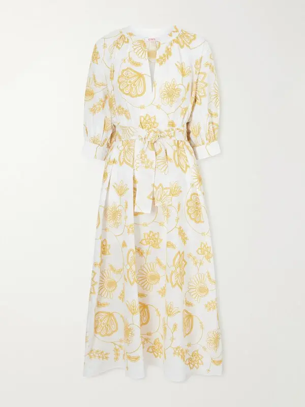 ERES Sari Anjana Belted Embroidered Cotton-blend Midi Dress - Yellow