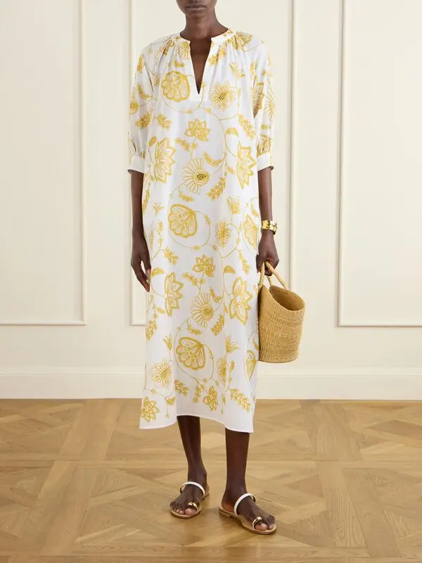 ERES Sari Anjana Belted Embroidered Cotton-blend Midi Dress - Yellow
